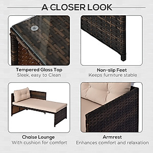 Outsunny 3 Piece Patio Furniture Set, Rattan Outdoor Sofa Set with Chaise Lounge & Loveseat, Soft Cushions, Tempered Glass Table, L-Shaped Sectional Couch, Beige