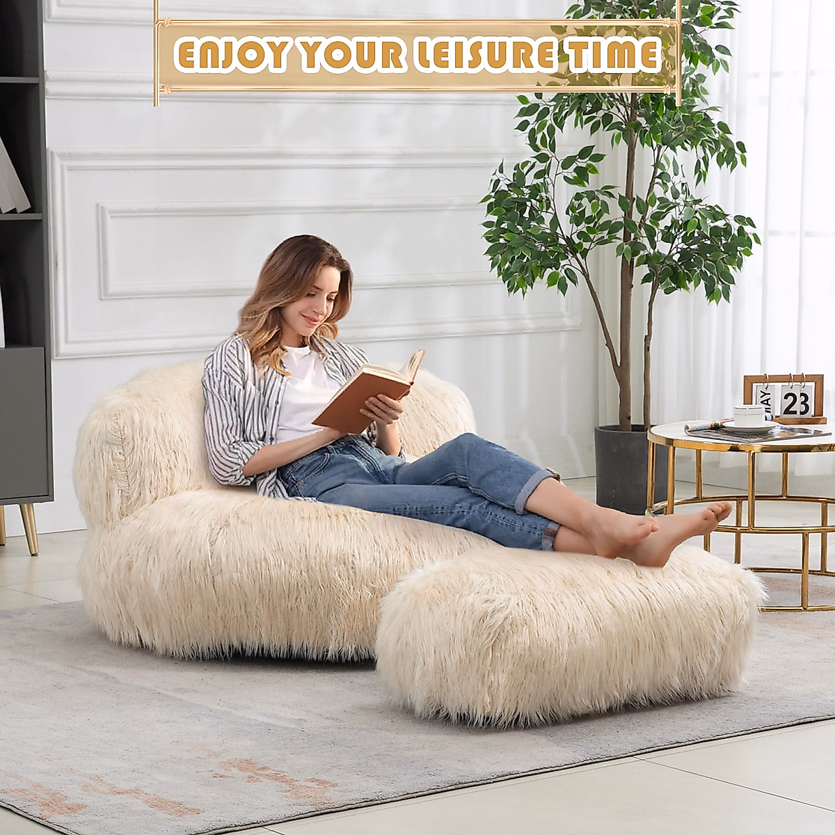 Fluffy Bean Bag Chair with Ottoman, Comfy Bean Bag for Adults and Kids, Ultra Soft Lazy Sofa Chair with Memory Sponge, Indoor Modern Accent Beanbag Chairs for Living Room, Bedroom, Apartment, Beige
