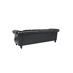 DEINPPA Chesterfield Faux Leather Fabric Sofa with Rolled Arm and Nailhead 84" Modern Design Three Seater Sectional Couch for Home Furniture (Faux Leather, Black)