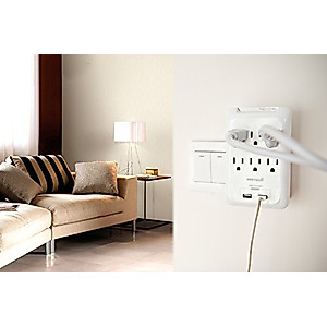 Multi-Function Wall Mount Outlet Adapter, Surge Protector Charging Station, OviiTech Dual 2.1AMP USB Charging Ports,6 AC Socket Outlet Splitter Plugs,White,ETL Certified