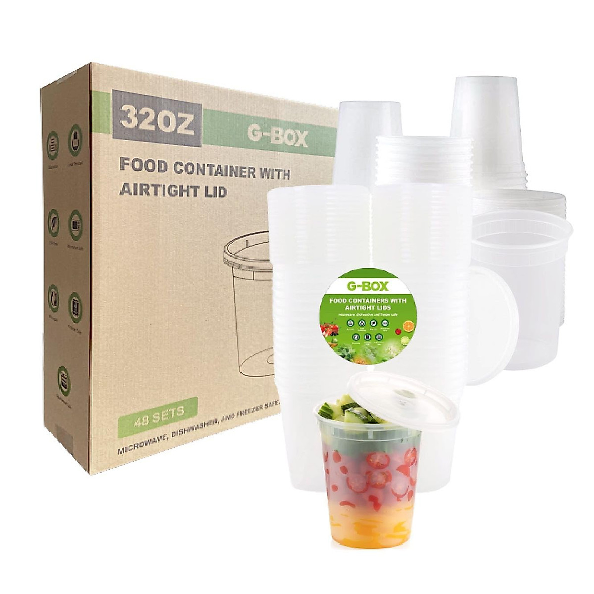 G-BOX 32 OZ Deli Containers with Lids - [48 Sets] [32 OZ Soup Containers with Lids, Stackable, BPA-Free, Leak Resistant, Reusable, Dishwasher Safe, Microwave Safe, Freezer Safe]