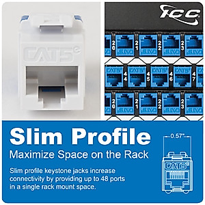 ICC CAT5e Keystone Jack with Slim Profile 180 Degree Punch Down, RJ45 UL Listed PoE++ TAA VoIP Compliant for Wall Plate or Patch Panel, Works with JackEasy Termination Tool, Blue 25 Pack