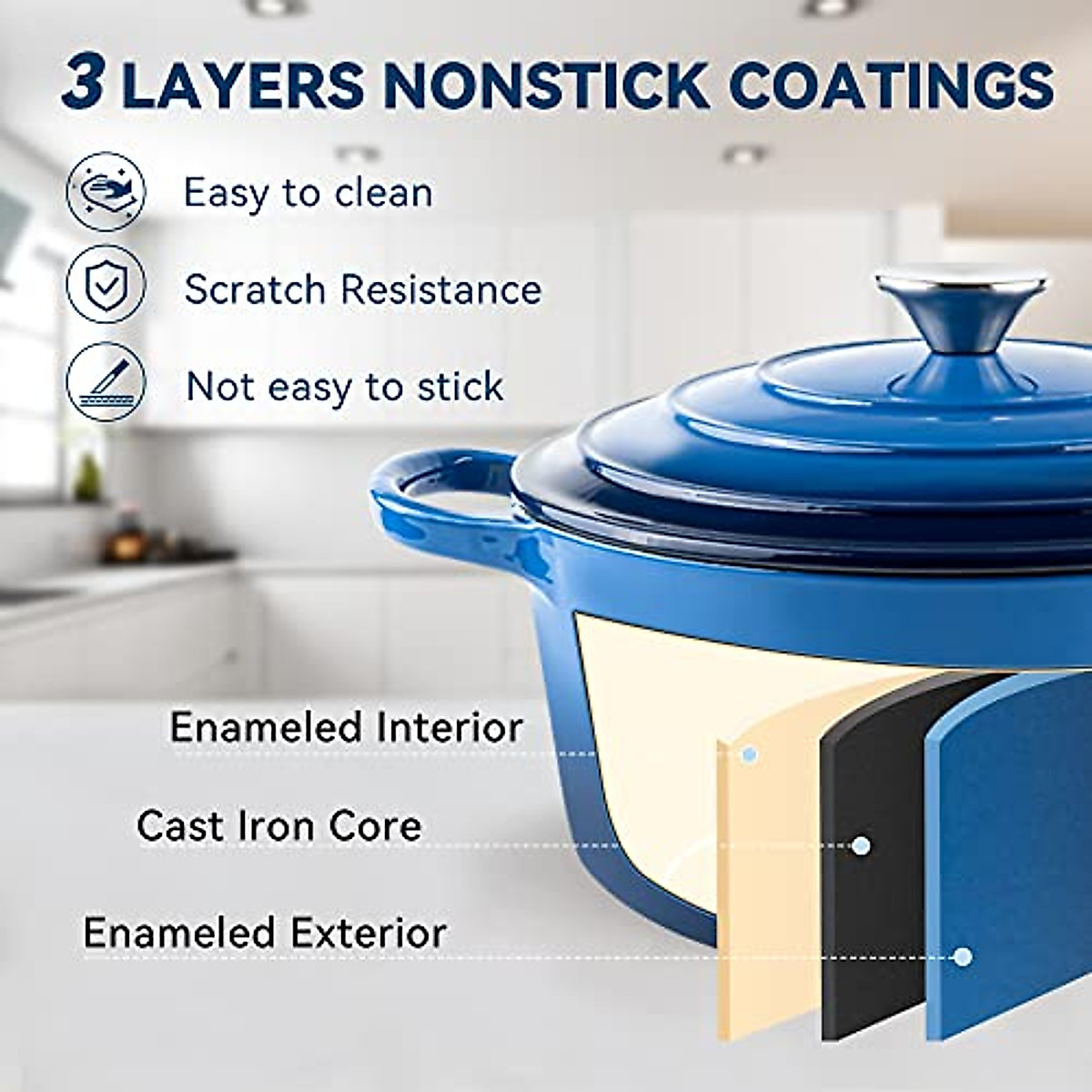 Miereirl 6 QT Enameled Dutch Oven Pot with Lid, Cast Iron Dutch Oven with Dual Handles for Bread Baking, Cooking, Non-stick Enamel Coated Cookware (Dark Blue)