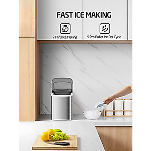 Ice Maker Machine for Countertop, 9 Ice Cubes Ready in 6 Minutes, 26lbs in 24Hrs Portable Ice Maker Machine Self-Cleaning, 2 Sizes of Bullet-Shaped Ice for Home Kitchen Office Bar Party