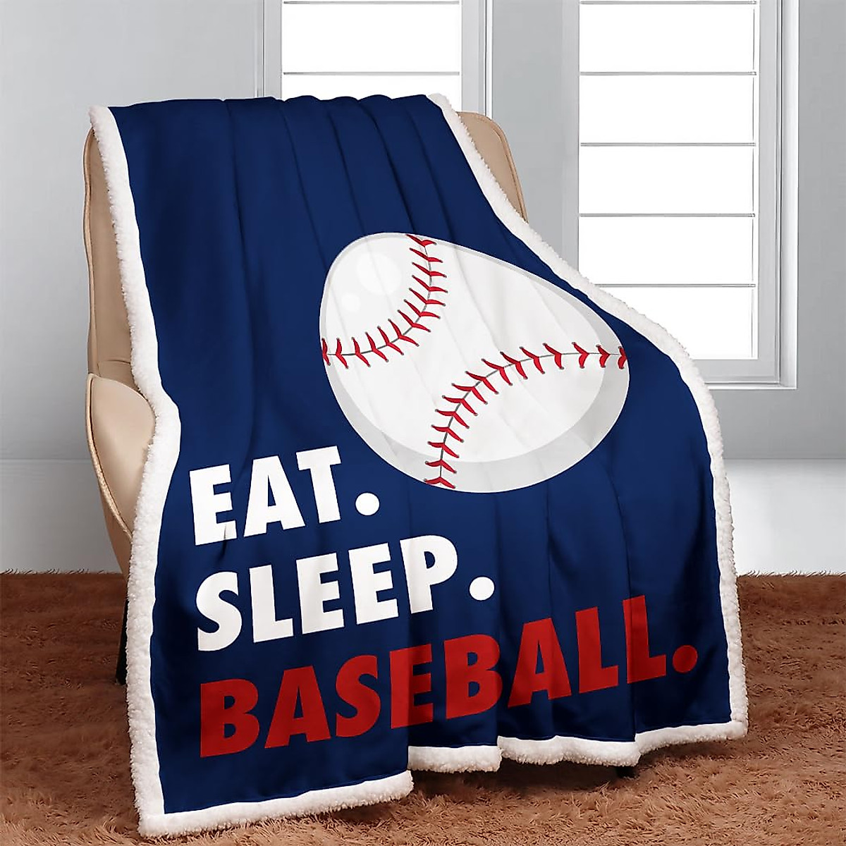 HommomH Sports Sherpa Blanket 60"x 80" Eat Sleep Baseball Navy Blue Blankets Super Soft Fuzzy Thick Warm Fleece Throw for Man Bed Couch