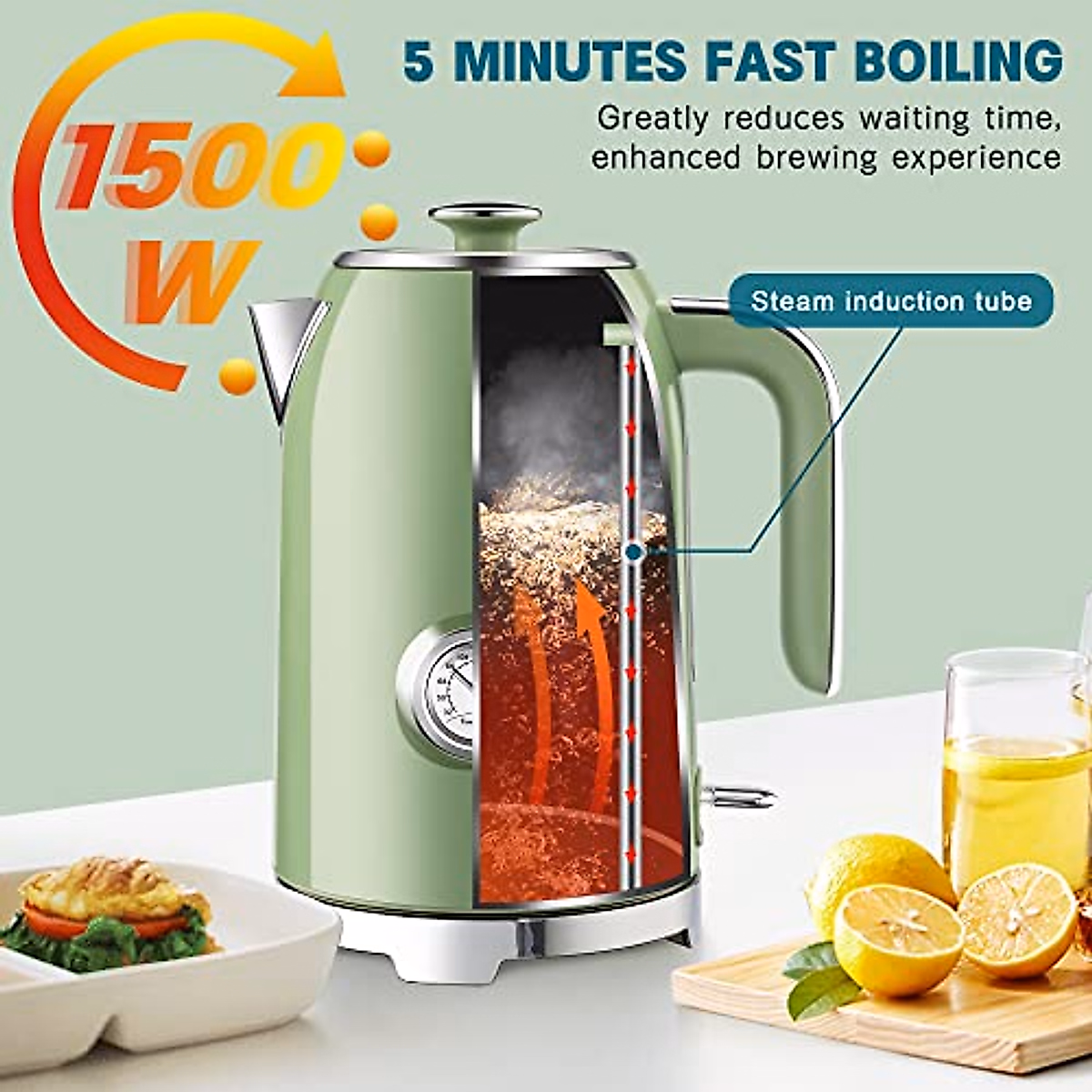 SUSTEAS Electric Kettle - 57oz Hot Tea Kettle Water Boiler with Thermometer, 1500W Fast Heating Stainless Steel Tea Pot, Cordless with LED Indicator, Auto Shut-Off & Boil Dry Protection, Retro Green