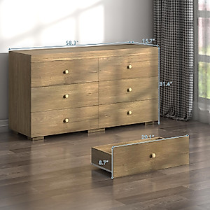 Zenflare 6 Drawer Dresser for Bedroom Wood Dresser 58.3" Wide, Large Chest of Drawers for Bedroom, Living Room, Hallway, Entryway, Modern TV Stand Drawer Organizer, Natural Oak