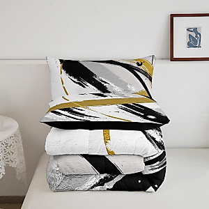 Erosebridal Black Grey Gold Bedding King Brush Strokes Oil Painting Comforter Set, Gradient Abstract Vintage Duvet Insert Ombre Graffiti Down Comforter, Contemporary Modern Bedding Comforter Sets