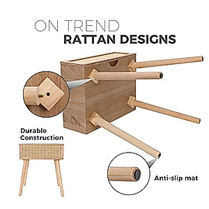 Rattan Nightstand with Drawer, Bedside Table, End Table with Storage, Modern Boho Nightstands, Mid-Century Coffee Table, Small Side Tables for Living Room Bedroom Office Balcony (Natural Walnut)