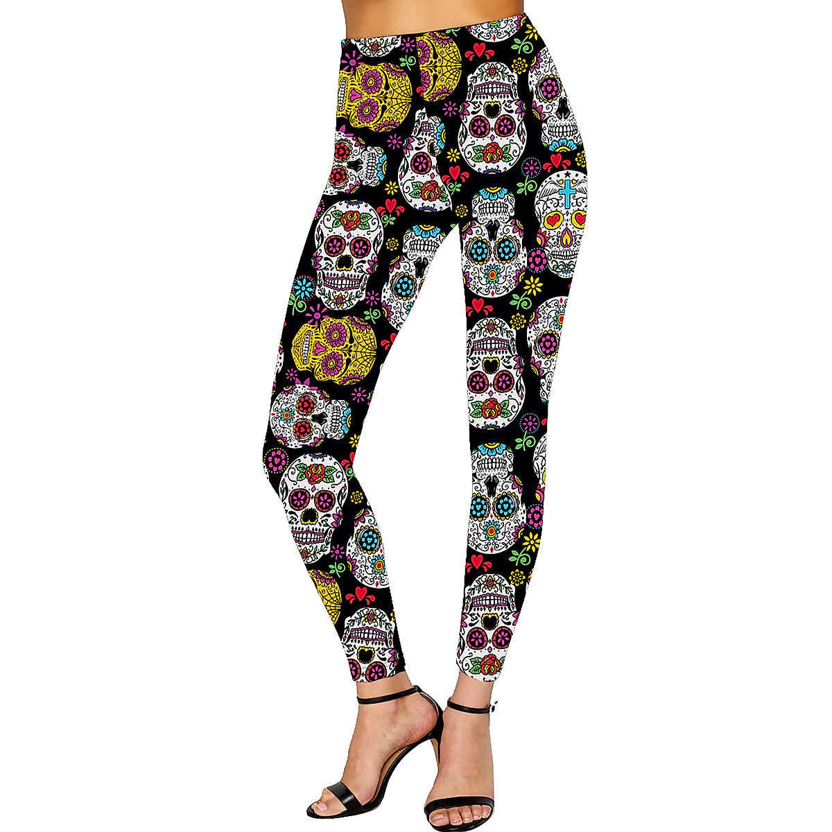 Halloween Womens Leggings Day of The Dead Sugar Skull Printed Stretchy High Waist Pants S