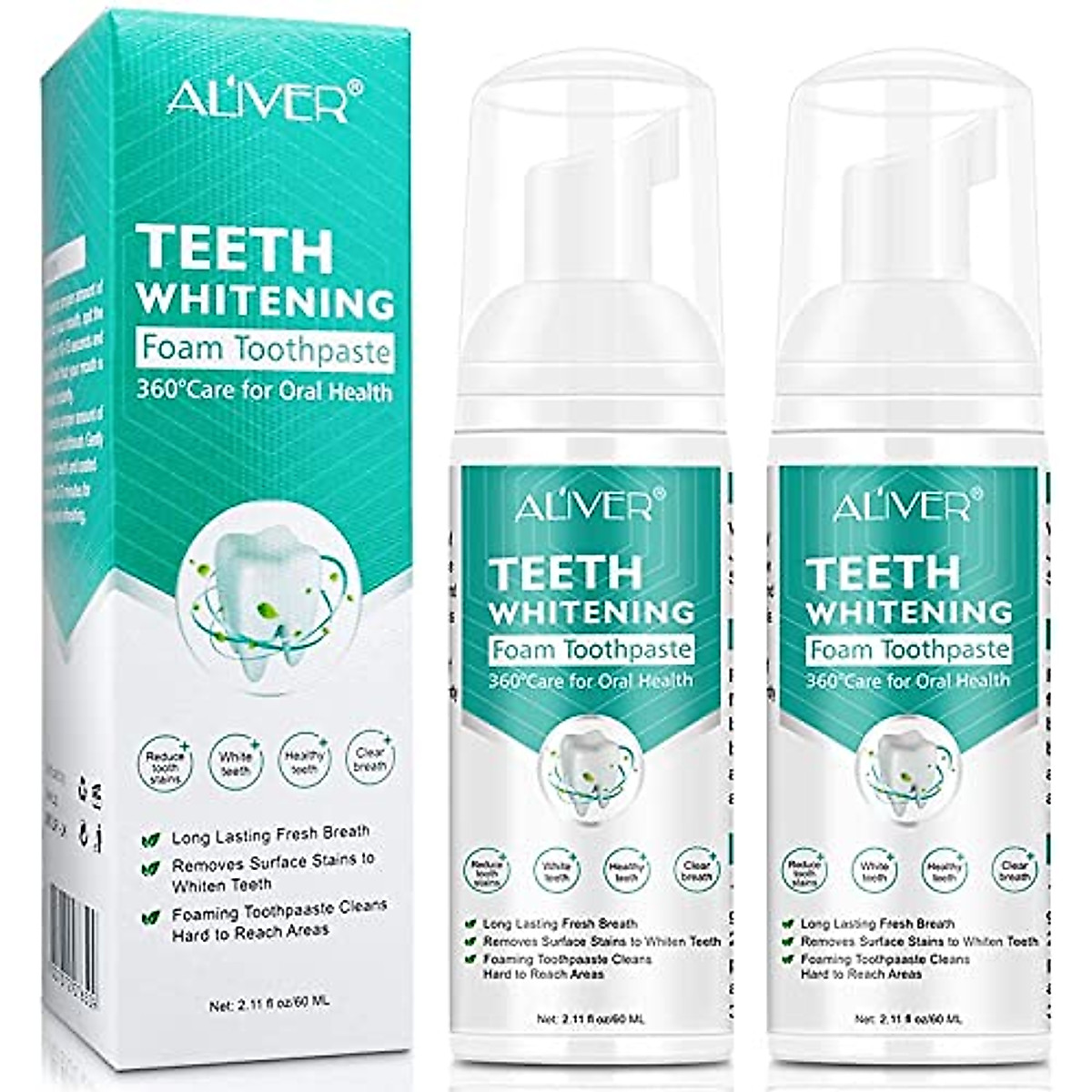 Teeth Whitening Foam Toothpaste, Teeth Whitening Mousse, Baking Soda Toothpaste, Stain Removal Toothpaste, 360 Care Month and Healthy Oral Environment, Travel Friendly, 2 Pack