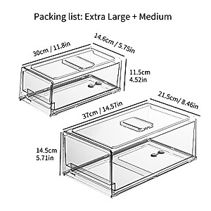 IJOLLEY Fridge Organizer, Pantry Organization and Storage, Refrigerator Organizer Bins, Stackable Pull-Out Drawer Containers for Kitchen Cabinet Closet Bathroom Office Cosmetic (Extra Large & Medium)