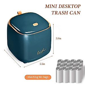 Mini Countertop Trash Can with 12 Rolls of Trash Bags, Desk Trash Can Tiny Trash Can with Press Type Lid, Desktop Trash Can Applicable for Bathroom Vanity Home Office (Trash can-kw-dark green)