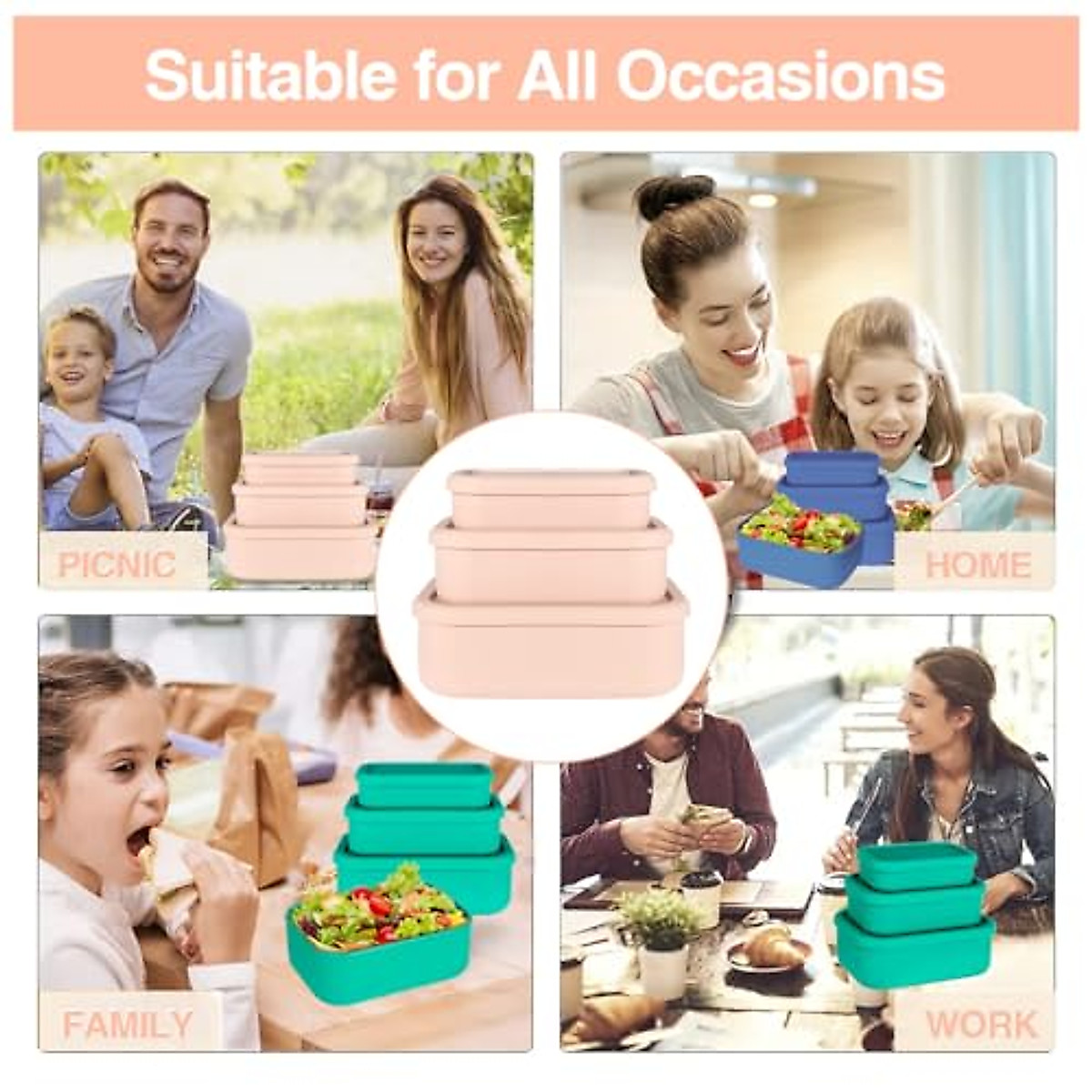 AROCFTIE Silicone Bento Box, Set of 3 Silicone Food Storage Containers with Lids, Hard-Shell Nesting Silicone Containers, Airtight, Dishwasher and Freezer Safe (10oz, 23.6oz, 44oz) (Pink)