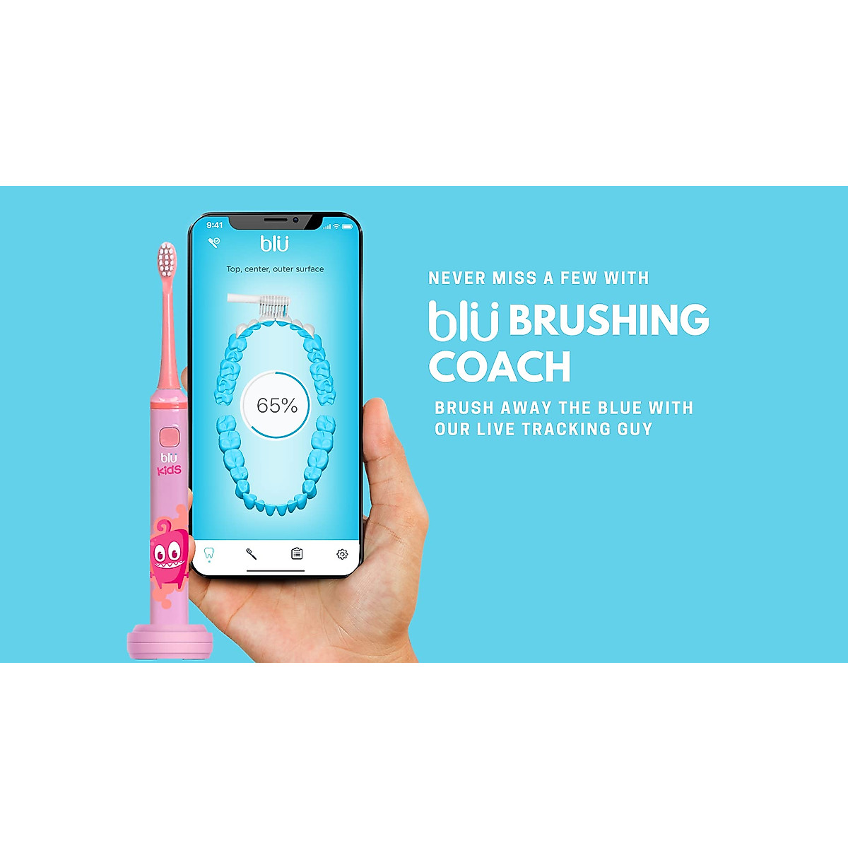Blu Smart Bluetooth Enabled Kids Toothbrush with Live Tracking App to Teach Children Healthy Brushing Habits, Share Results with Your Dentist, Wireless Rechargeable Electric (Pink)
