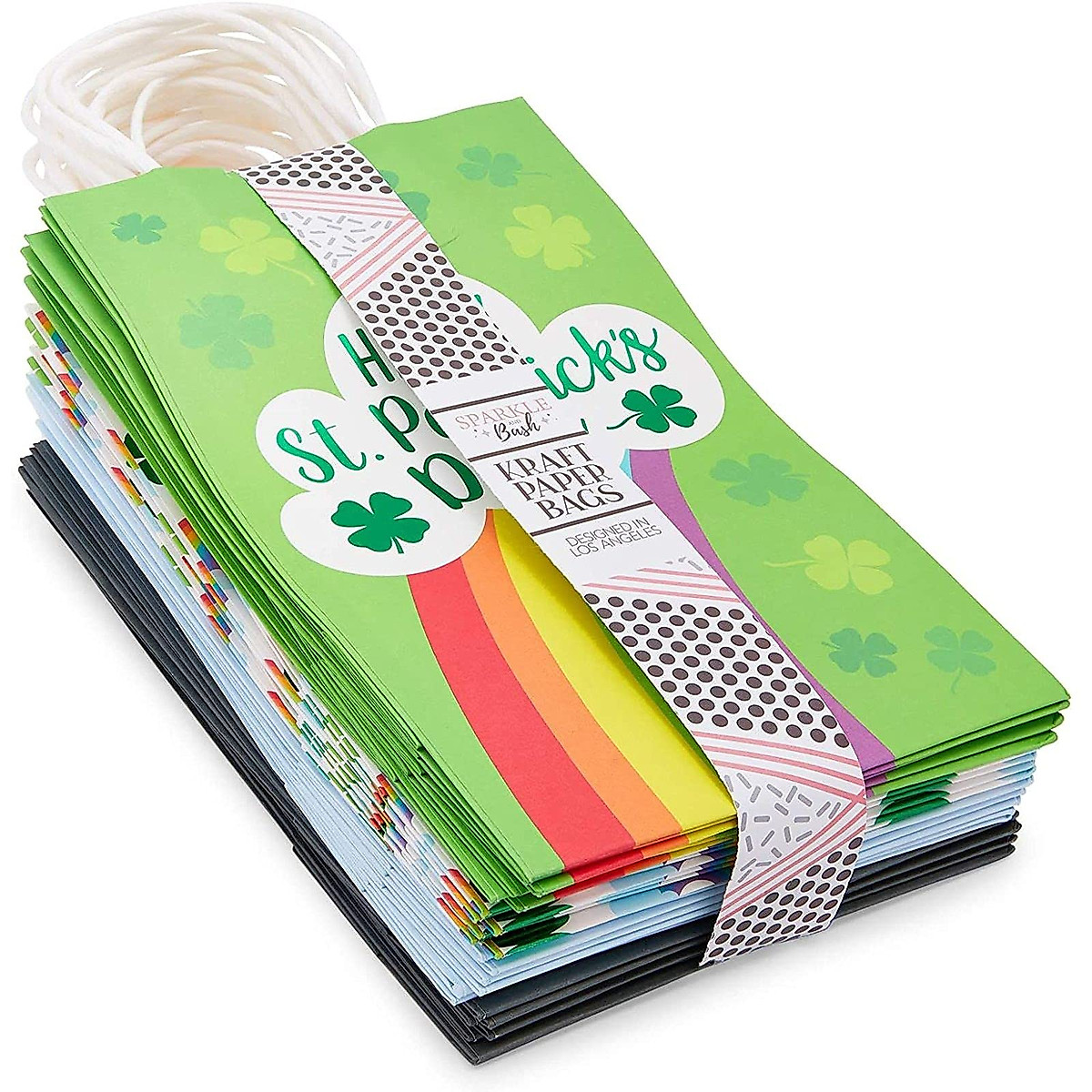 Sparkle and Bash St. Patrick's Party Favor Gift Bags, 4 Designs (9 x 5.3 x 3.15 In, 24 Pack)