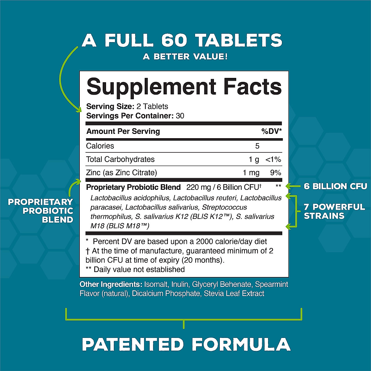 Oral Probiotics for Mouth Bad Breath Treatment for Adults: Dentist Formulated Advanced Oral Probiotics for Teeth and Gums with BLIS K12 M18-60 Chewable Oral Health Probiotics Supplement Tablets Mint