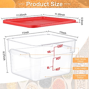 Ziliny 8 Pack Polycarbonate Square with Red Lids 12 Qt Food Storage Containers Commercial Airtight Clear Bucket Brining Food Container