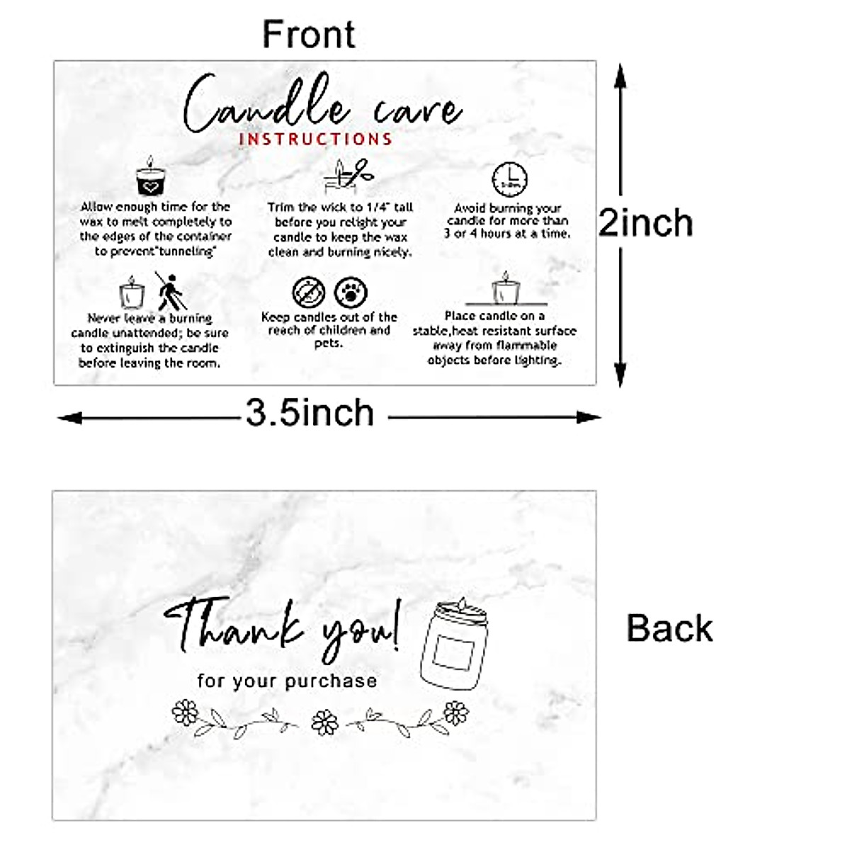 Handmade Candle Care Instruction Card, Candle Care Instruction Card, 3.5 x 2 inches for Handmade Candle Makers Soy Bees Wax Coconut Essential Oils, 50 Pack(Marble Look Design)
