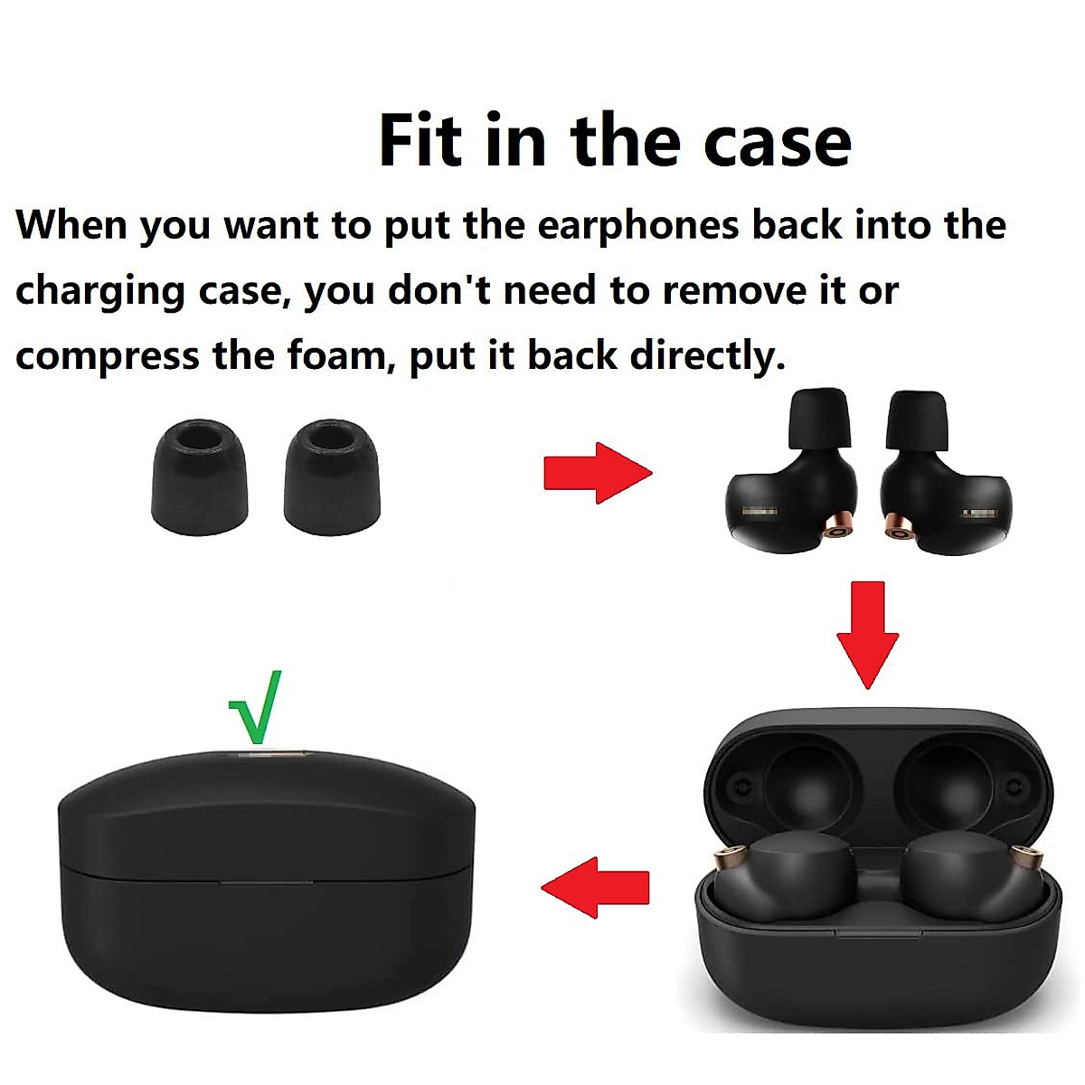 JNSA Replacement Memory Foam Ear Tips Noise Canceling Foam Ear Tip Compatible with Sony WF-1000XM4 / 1000XM5 Earbud Headphones, [Fit in Case],L/M/S 3 Size 3 Pairs,Black (Foam4XM4B3P)