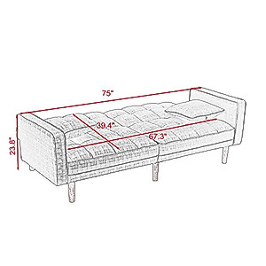 Modern Futon Sofa Bed, 75" Convertible Sleeper Sofa with Armrests and Guests w/ 2 Pillows, Recliner Couch with 5 Solid Wooden Legs, Twin Size Sofa for Living Room (Navy Blue+Fabric)