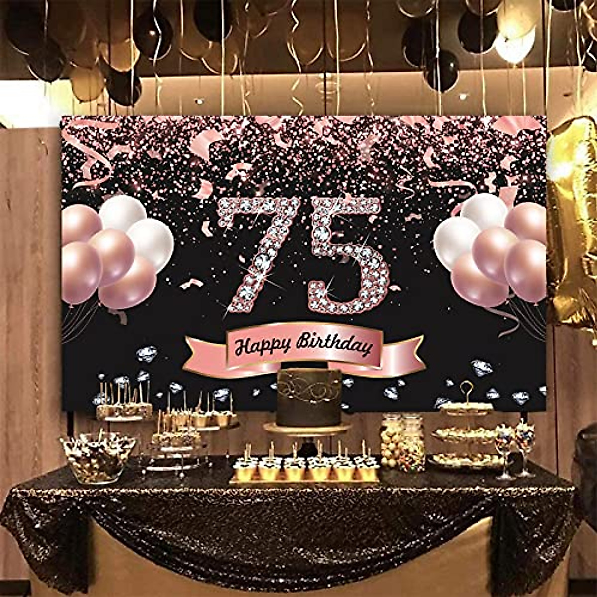 Trgowaul 75th Birthday Decorations for Women Rose Gold Birthday Backdrop 5.9 X 3.6 Fts Happy Birthday Party Suppiles Photography Supplies Background Happy 75th Birthday Banner