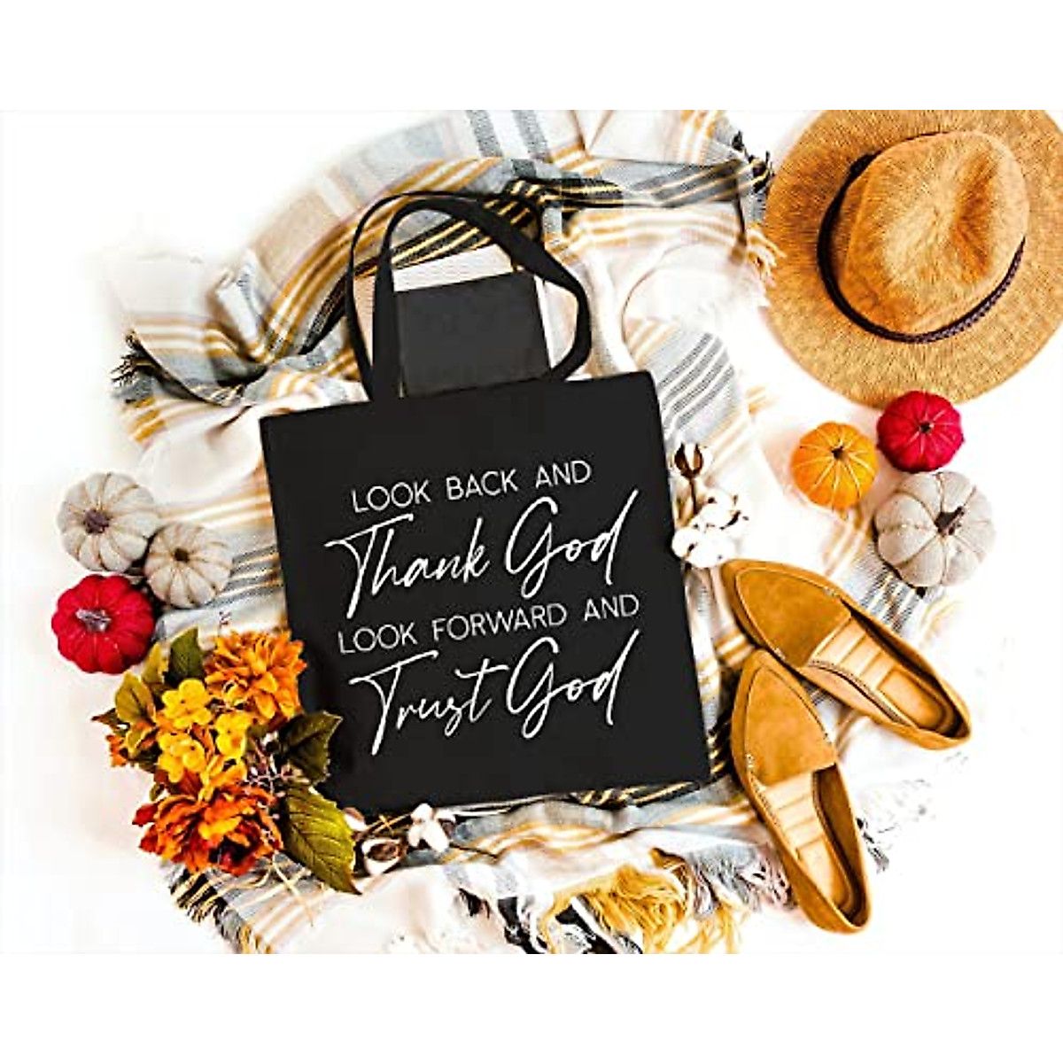 GXVUIS Canvas Tote Bag for Women Thank God and Trust God Christian Reusable Grocery Shoulder Shopping Bags Friends Gifts Black