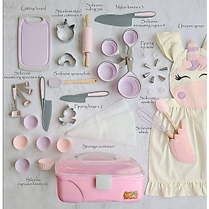 Baker Buddy Unicorn Kids Baking Set with storage case, real working utensils, cookie cutters, and baking supplies, beautiful unicorn apron for kids