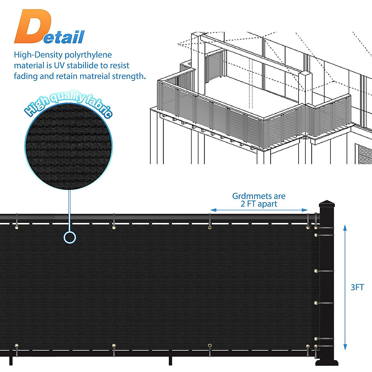 TANG 3' x 25' Black Balcony Privacy Screen Fence 200GSM Heavy Duty Windscreen for Apartment Porch Deck Outdoor Patio Backyard Patio Balcony UV-Proof