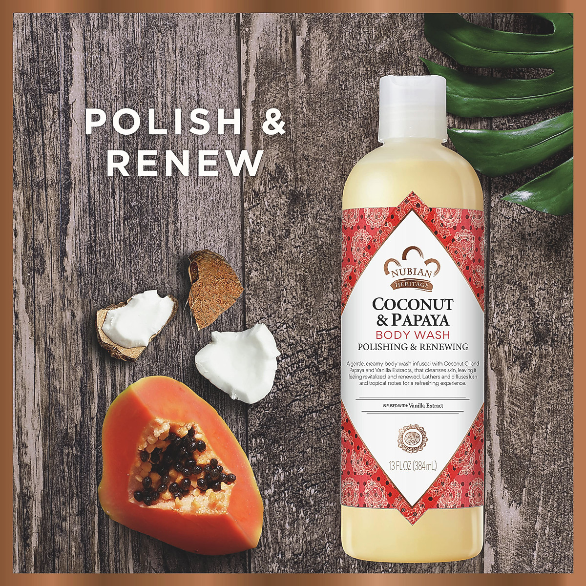 Nubian Heritage Coconut Papaya Body Wash Cleanser for Dry, Dull Skin Polish + Renew Hydrating Body Wash 13 oz