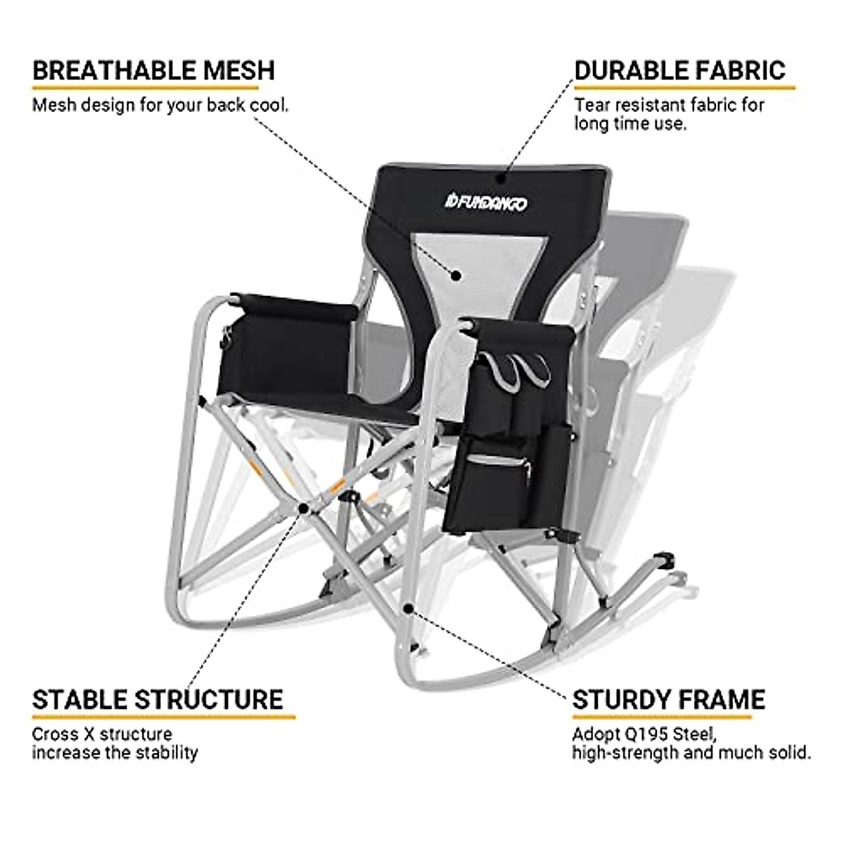 FUNDANGO Rocking Camping Chair for Adults, Oversized Portable Rocking Chair Outdoor Folding with Cooler and Side Pocket for Outside, Backyard, Patio, Lawn, Garden (Black/Grey)