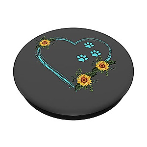 Blue Colorful Dog Paw Prints With Sunflower Heart On Gray PopSockets Swappable PopGrip