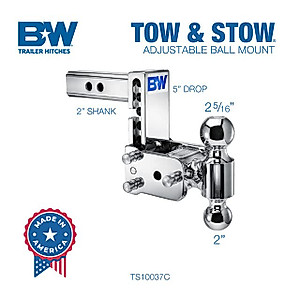 B&W Trailer Hitches Chrome Tow & Stow Adjustable Trailer Hitch Ball Mount - Fits 2" Receiver, Dual Ball (2" x 2-5/16"), 5" Drop, 10,000 GTW - TS10037C
