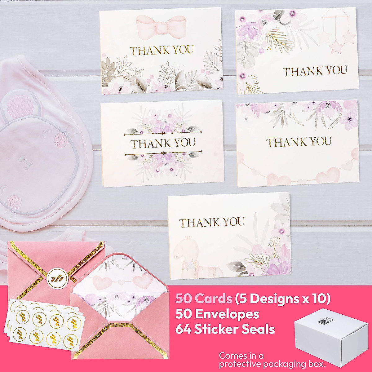 Only Zest Blank Thank You Cards with Envelopes Bulk, 50 Pack Elegant Baby Shower Thank You Cards with Stickers- Baby Girl Thank You Notes for Baptism, Birthday, Bridal Shower