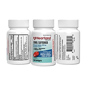 Heartland Pharma Docusate Sodium 100mg Laxatives Stool Softener Softgel - Regular Strength Stool Softener - Actual Size - Gentle, Dependable, and Stimulant-Free - (100 Count)