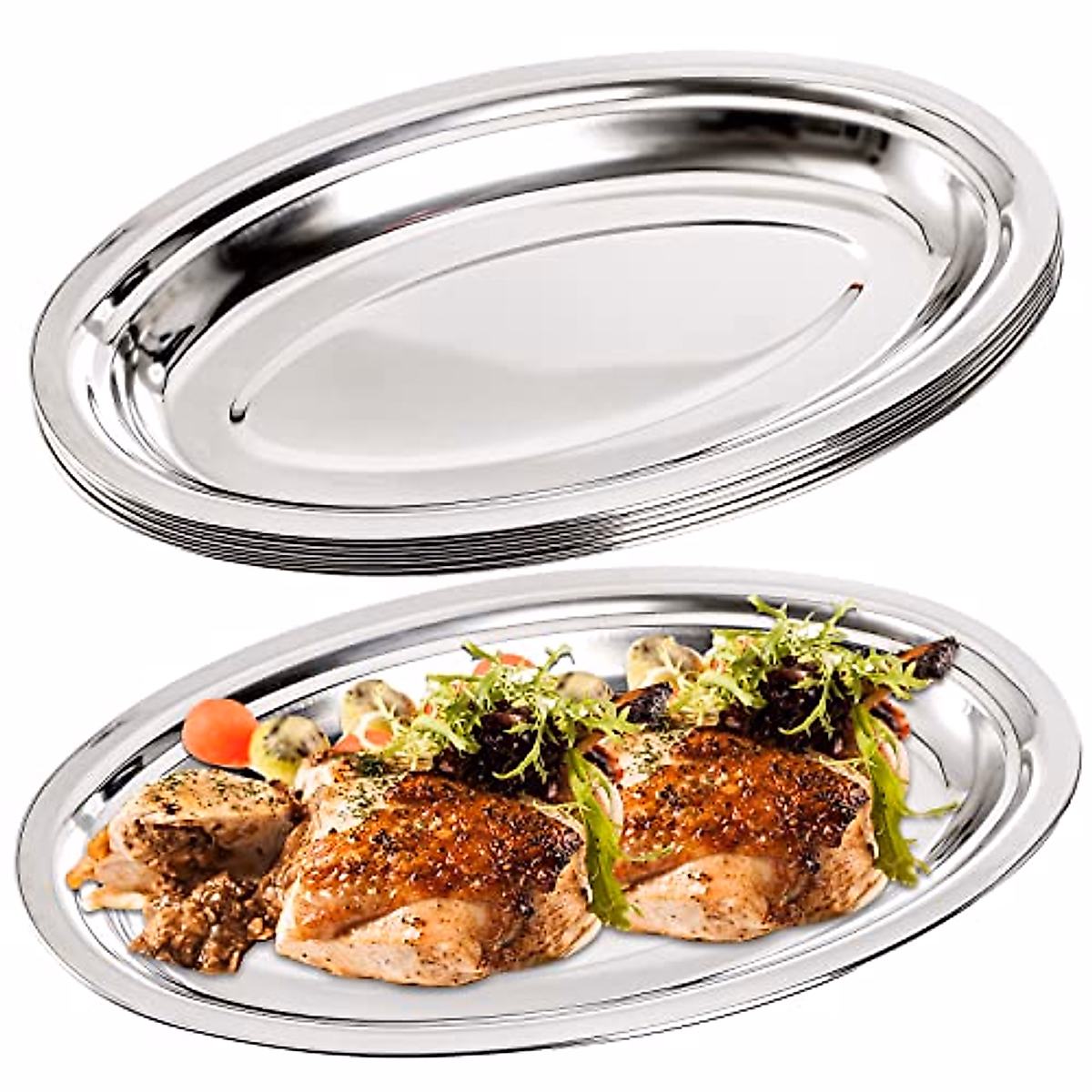 Suwimut 6 Pack Stainless Steel Oval Platter, Heavy Duty Mirror Polish Large Sizzling Platter Serving Tray Fish Plate for Steaming Fish Dessert Meat Sushi, 14-Inch by 8.7-Inch, Silver