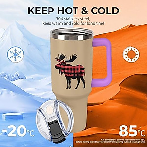 Plaid Moose Lumberjack Red Black 40 Oz Car Cup Stainless Steel Travel Mug Leak-Proof Insulated Tumbler with Handle Violet-style