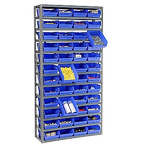 Global Industrial 13 Shelf Steel Shelving with (48) 4" H Plastic Shelf Bins, Blue, 36x12x72