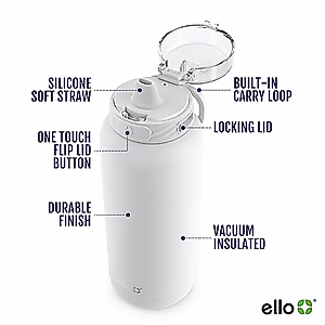 Ello Cooper Vacuum Insulated Stainless Steel Water Bottle with Soft Straw and Carry Loop, Double Walled, Leak Proof, White, 22oz