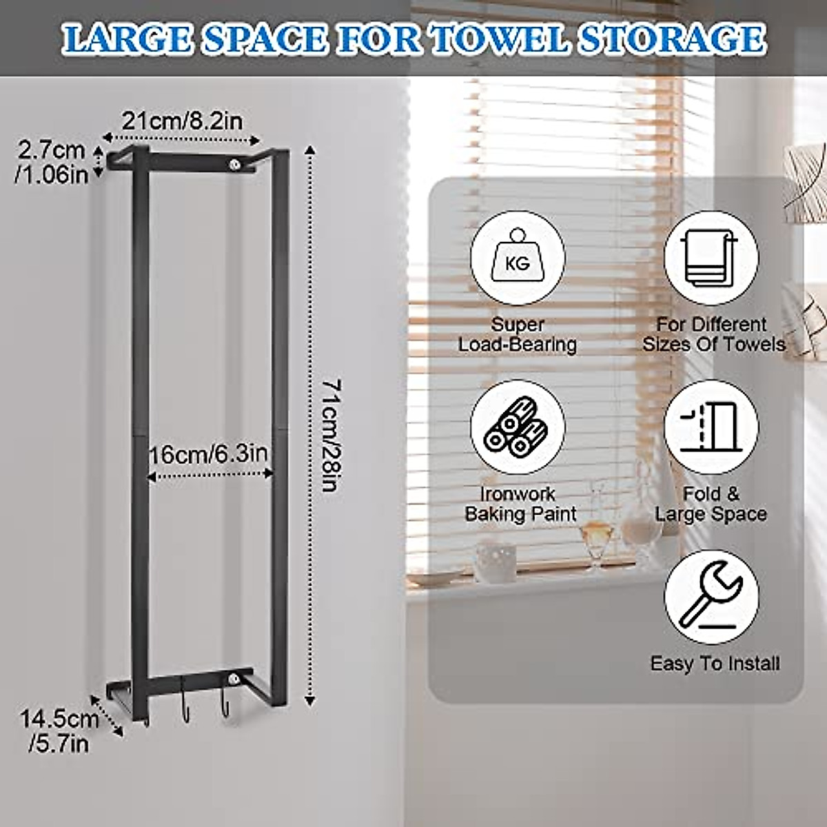 Towel Racks for Bathroom, Towel Racks for Bathroom Wall Mounted, Bath Towel Holder, Bathroom Organizer, for Rolled Bath Towels, Hand Towels, Washcloths in Small Bathroom/RV/Camper(Black)
