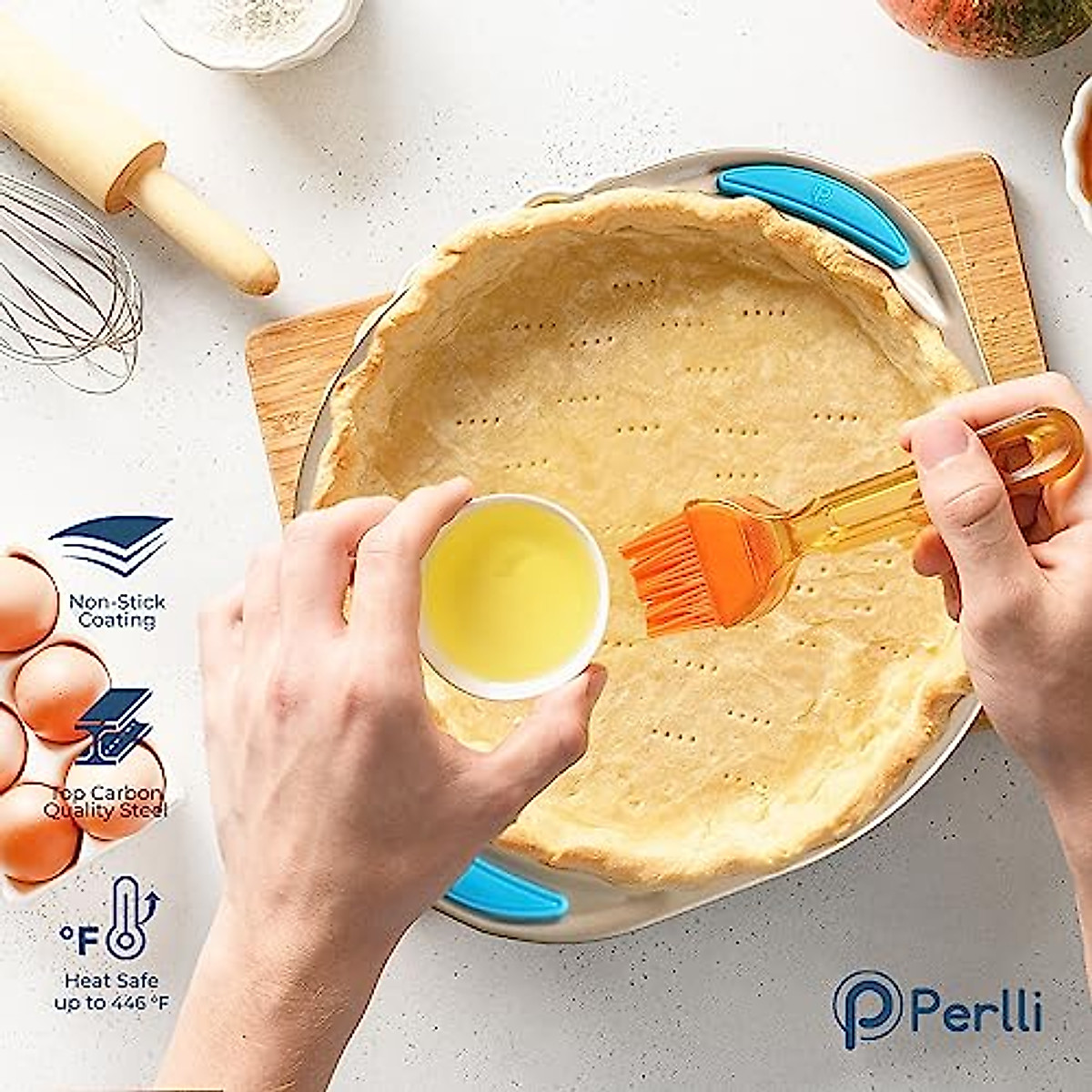 Baking Pan 8 Piece Set Nonstick Gold Carbon Steel Oven Bakeware Kitchen Set with Silicone Handles, Cookie Sheet, Roasting Pan, Lid, Square Pan, Pie Pan, Loaf Pan, Pizza Crisper, Muffin Pan by PERLLI