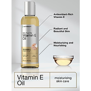 Horbäach Vitamin E Oil For Skin 30,000 IU | 4 fl oz | 100% Pure Oils | Moisturizing Skin Care | Non-GMO, Vegetarian | Lemon Scented