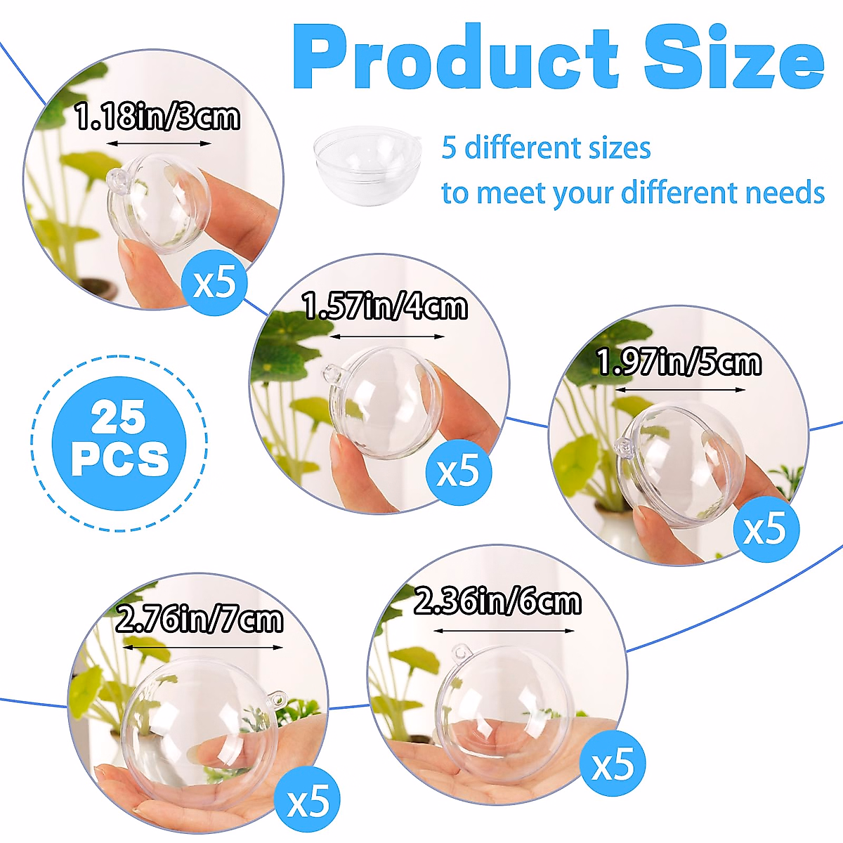 25 PCS Clear Plastic Fillable Ornaments,Transparent DIY Craft Ball,Clear DIY Christmas Ornament 5 Different Sizes for Wedding,Party,Home Decor