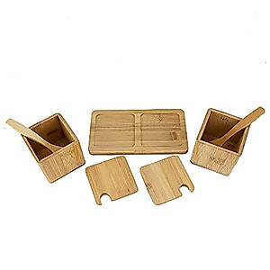 Bamboo Salt and Spice Container Set with Lid, Tray and Spoon, Square Seasoning Storage Box with Dipper, Salt Holder Pepper Container Condiment Canister for Kitchen | Salt Pepper Container