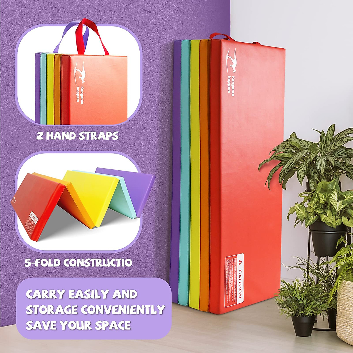 Kangaroo Hoppers Tumbling Mats for Kids, Foldable Gym Mat, Kids Gymnastics Mat with Carrying Handles for Home Activity Play, 3 FT x 6 FT, 5-Panel, 1.5'' Thickness