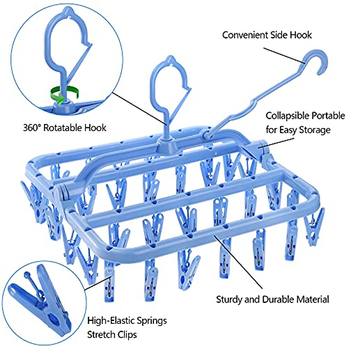 ZENFUN 3 Pack Foldable Laundry Hanger Drying Rack with 32 Clips, Plastic Laundry Clips and Drip Drying Hanger for Socks, Underwears, Towel, Scarf, Side Hanging, Anti-Wind, Blue