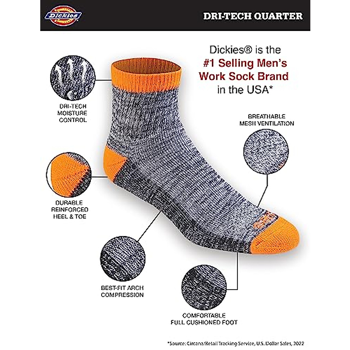 Dickies Men's Dri-Tech Moisture Control Quarter Socks, Available in M-XXL (6, 12, 18, Hi-Vis Orange Black (6 Pairs), X-Large