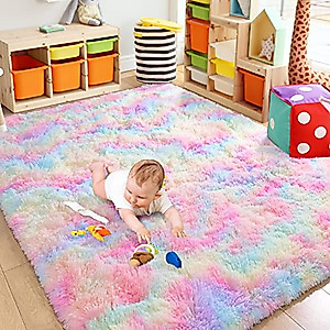 Chicrug Cute Rainbow Area Rug for Girls Bedroom, 4x6 Feet Fluffy Kids Rug for Room Decor, Shag Soft Dorm Playroom Rug, Bedside Rug for Baby Nursery Room