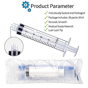 10 Pack 10ml/cc Plastic Luer Lock Syringe Large Syringes without Needle, Individually Wrapped, Tip Cap, for Scientific Labs, Measuring Liquid, Dispensing, Oil or Glue Applicator (10ML, LUER LOCK TIP)