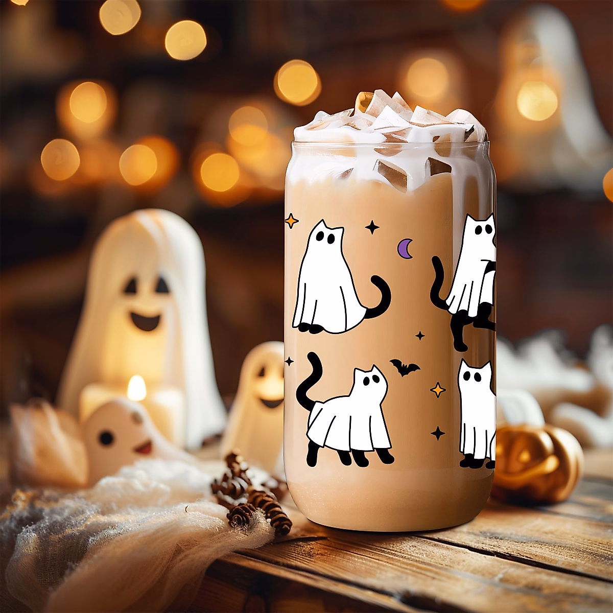 LEADO Halloween Cat Ghost Iced Coffee Cup, Halloween Glass Cup with Lids & Straws, 16 oz Cute Halloween Bat Spooky Tumbler - Boo Basket Stuffers, Halloween Fall Gifts for Cat Lover, Women, Her